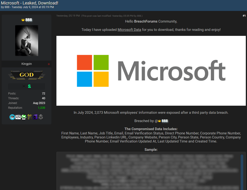 Threat Actor Claims Breach at Microsoft, Leaks Employee Info | CyberInsider