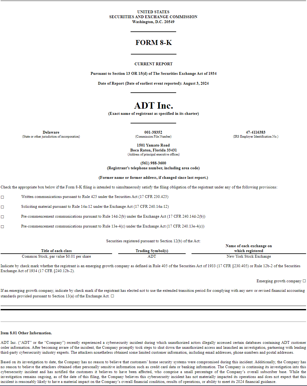 ADT Inc. Reports Cybersecurity Incident Exposing Customer Information ...
